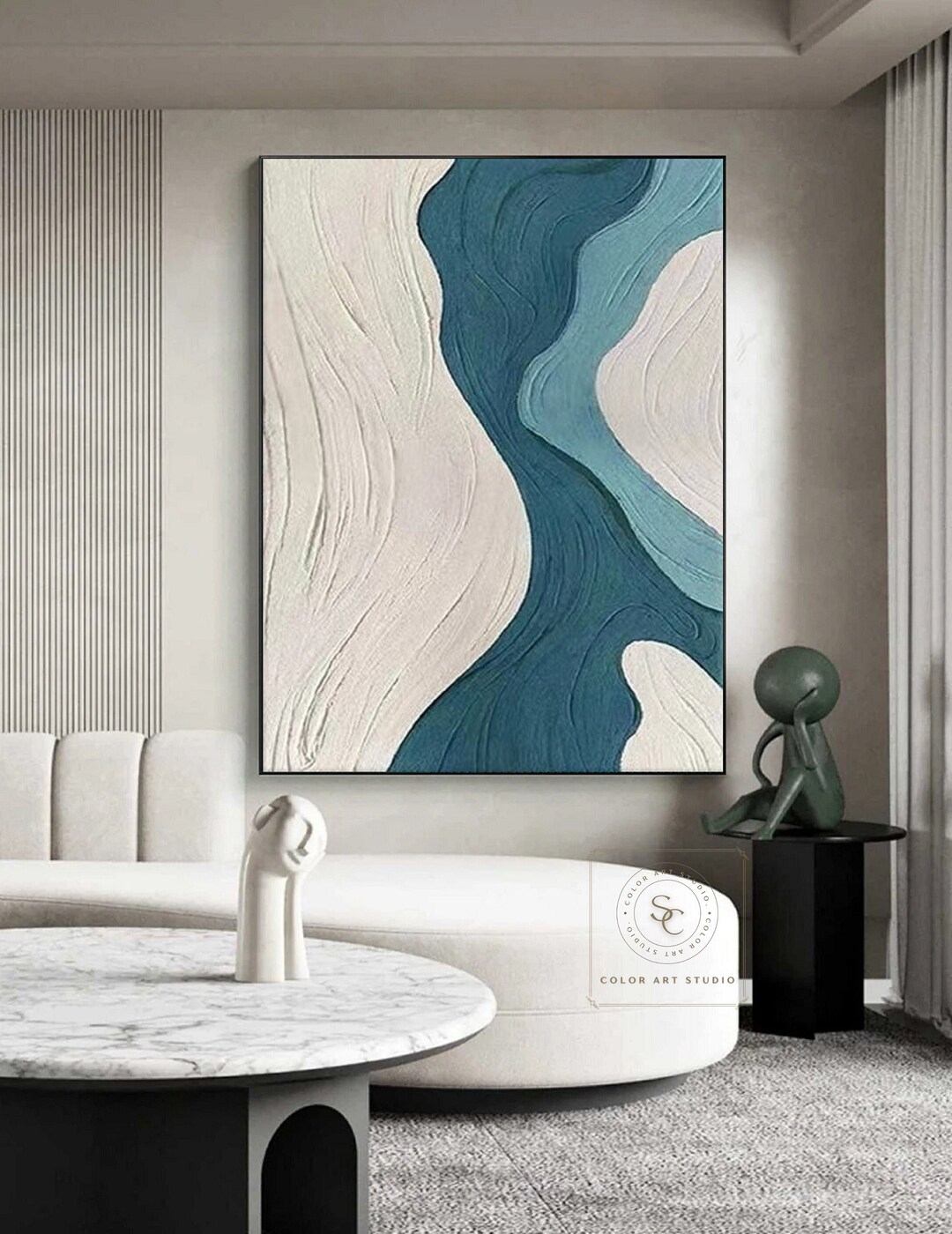 Blue Minimalist Painting White Texture Wall Painting Large Waves ...