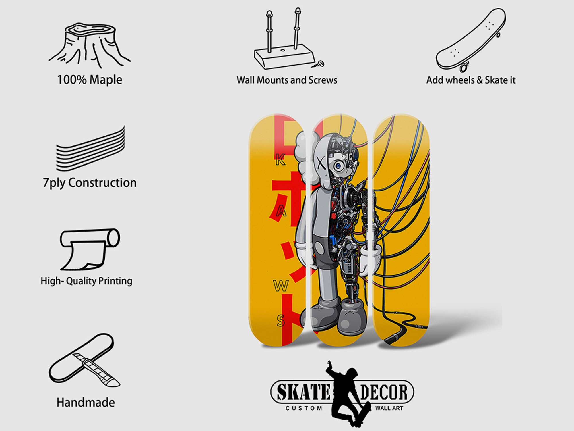 Kaws Robot Yellow Skateboard Art, Wall Decor, Aesthetic Wall Art Pro ...