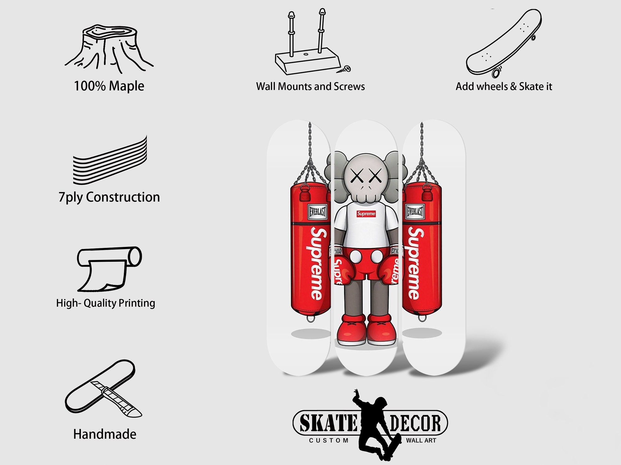 Set of 3pcs Kaws Robot Skateboard Art, Wall Decor, Aesthetic Wall Art ...