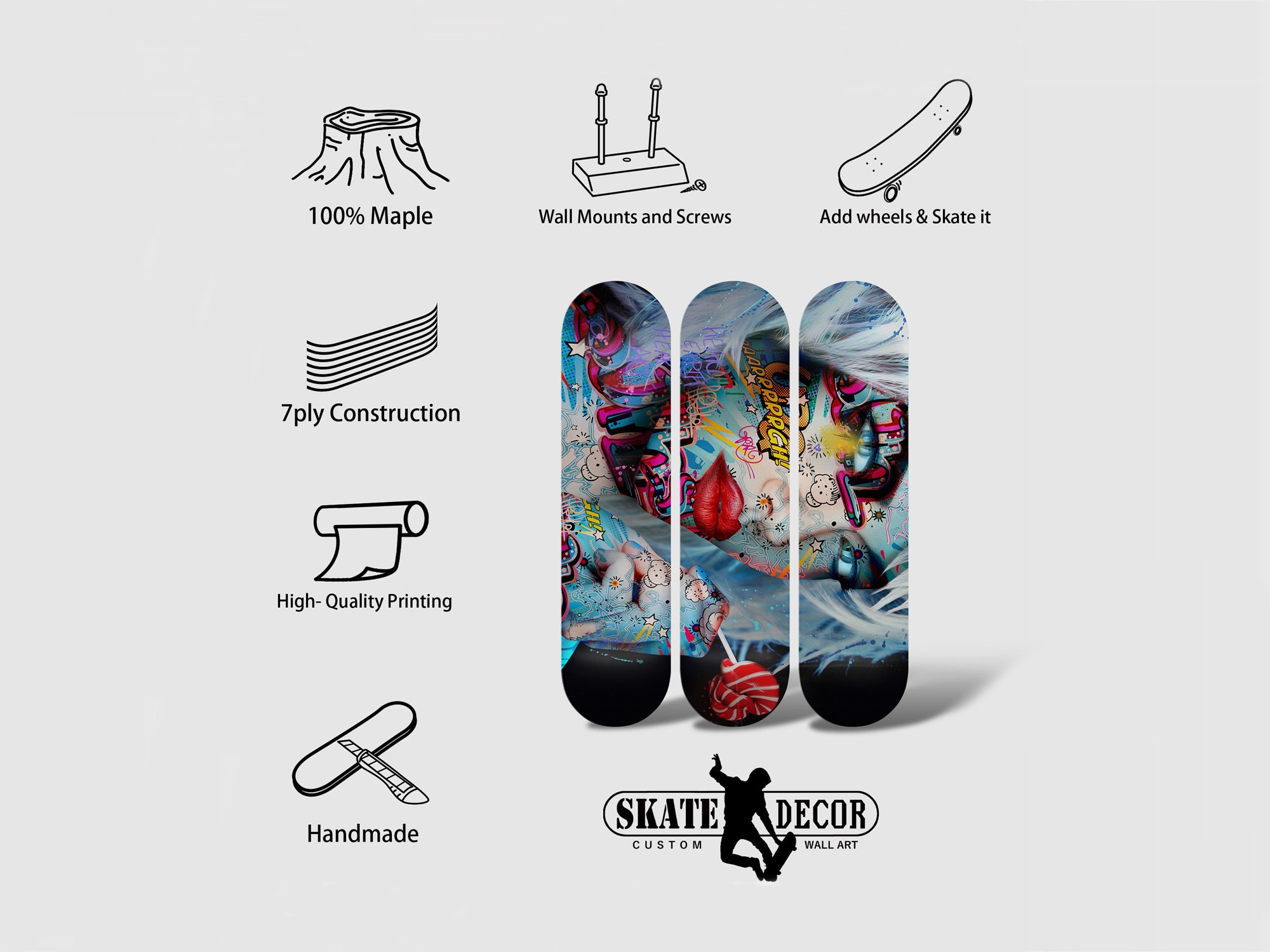 Set of 3pcs Pop Art Skateboard Deck Wall Art, Wall Hanged Room ...