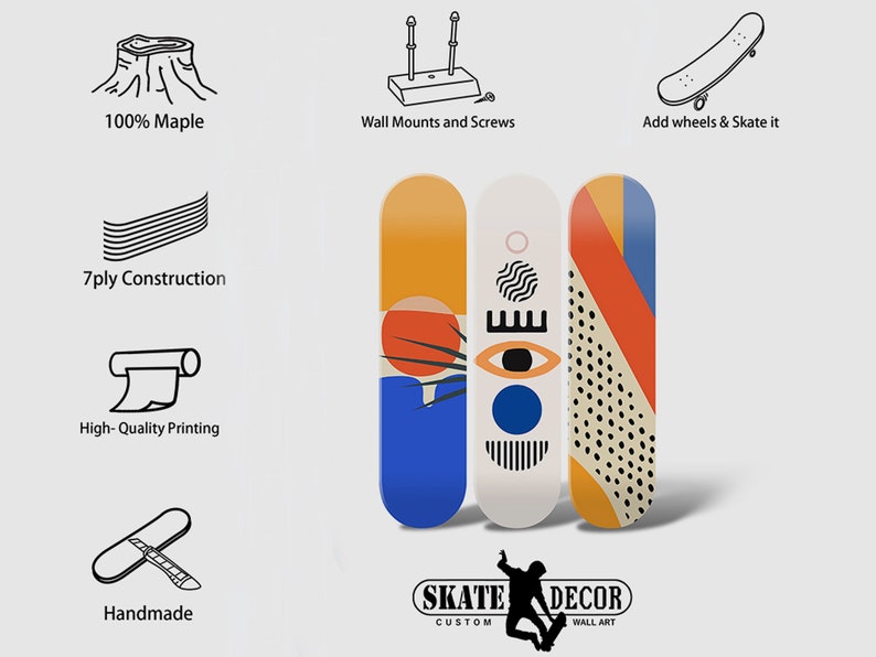 Minimalist Abstract Skateboard Wall Decor, Skate Deck Wall Art ...