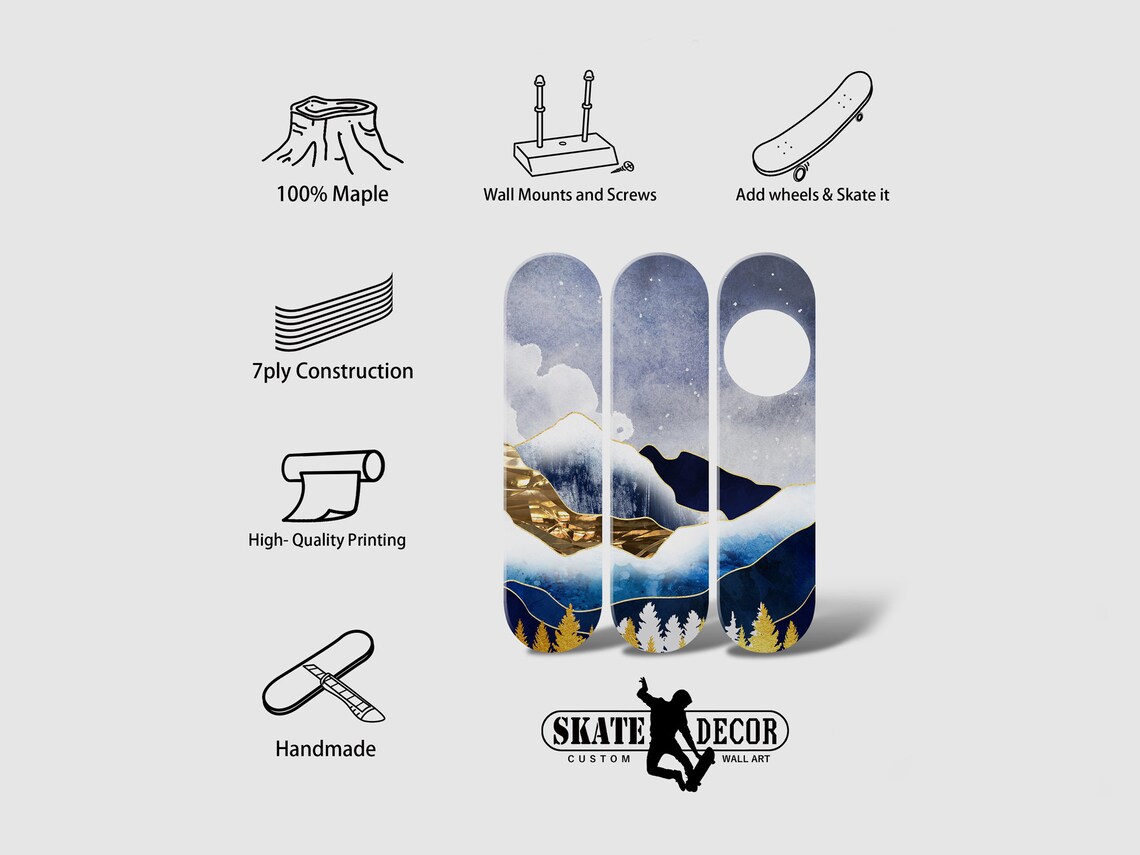 Set of 3pcs Minimalist Landscape Mountain Skateboard Deck Wall - Etsy