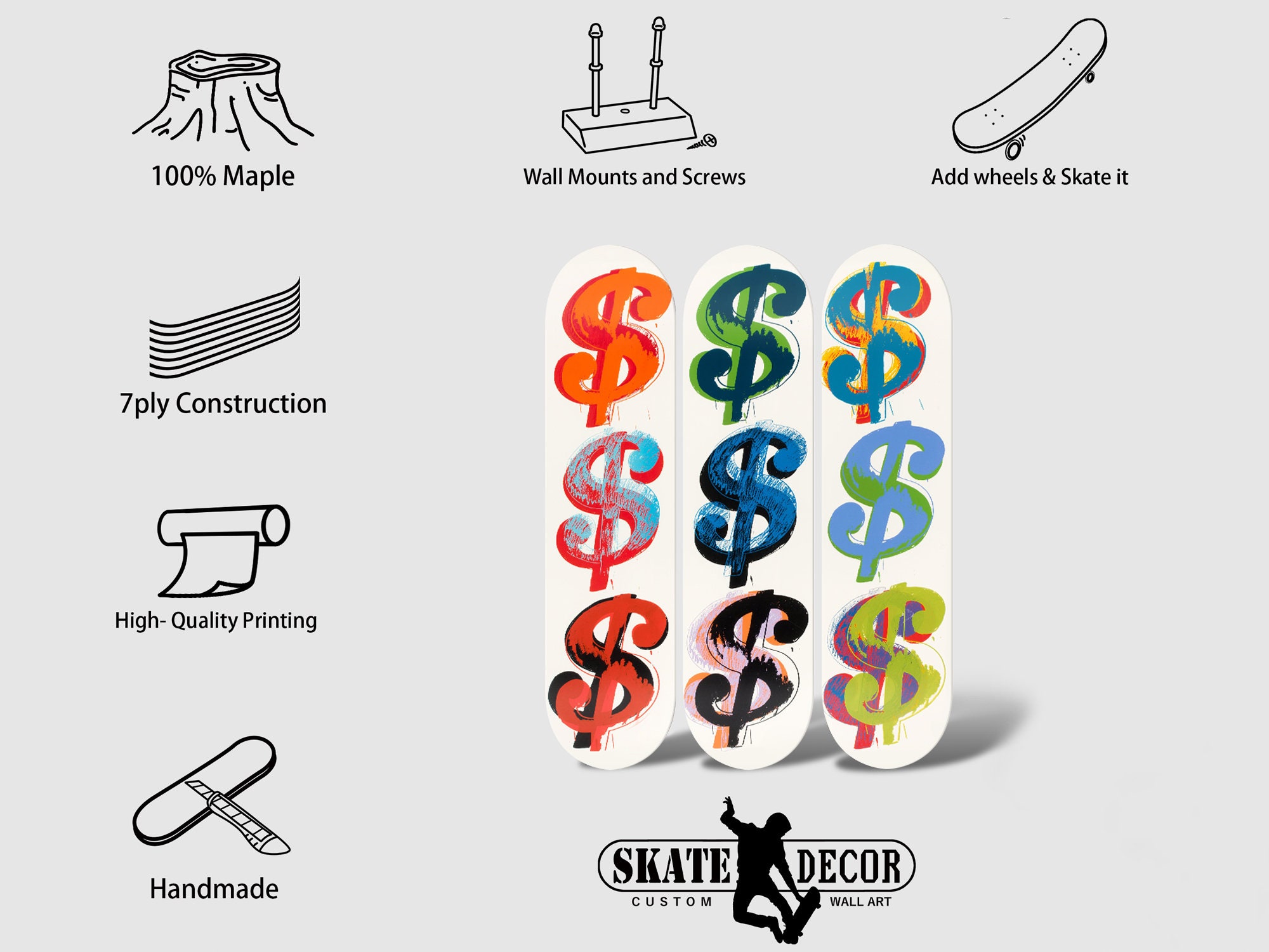 Set of 3pcs Modern Pop Art Skateboard Wall Decor, Street Wall Art ...