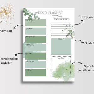 Aesthetic Weekly Planner Printable Planner Weekly Organizer Green ...