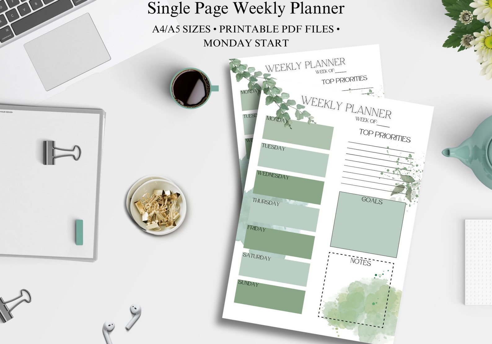 Aesthetic Weekly Planner Printable Planner Weekly Organizer Green ...