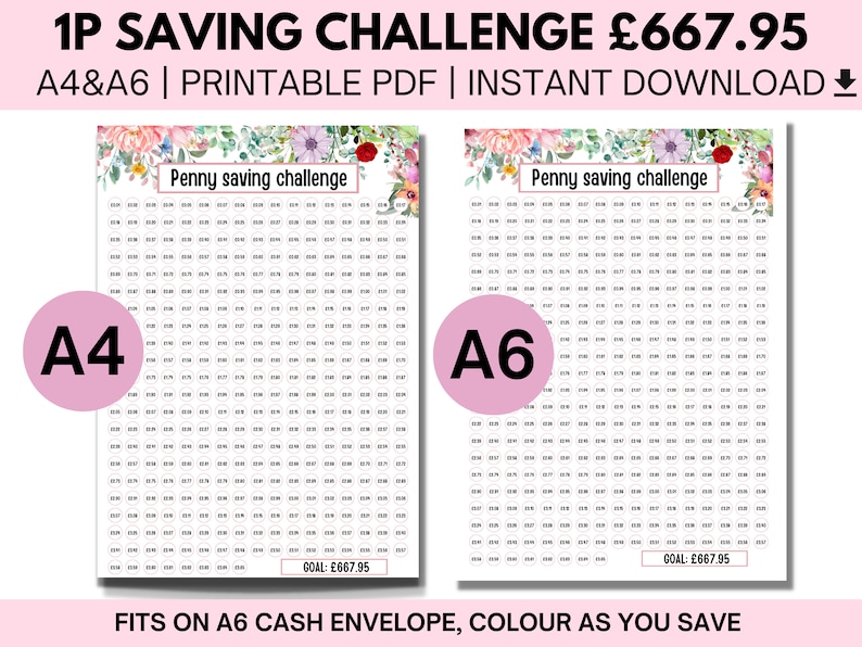 Floral Themed 1P Saving Challenge Sheet, Money Saving Challenge, Dollar ...
