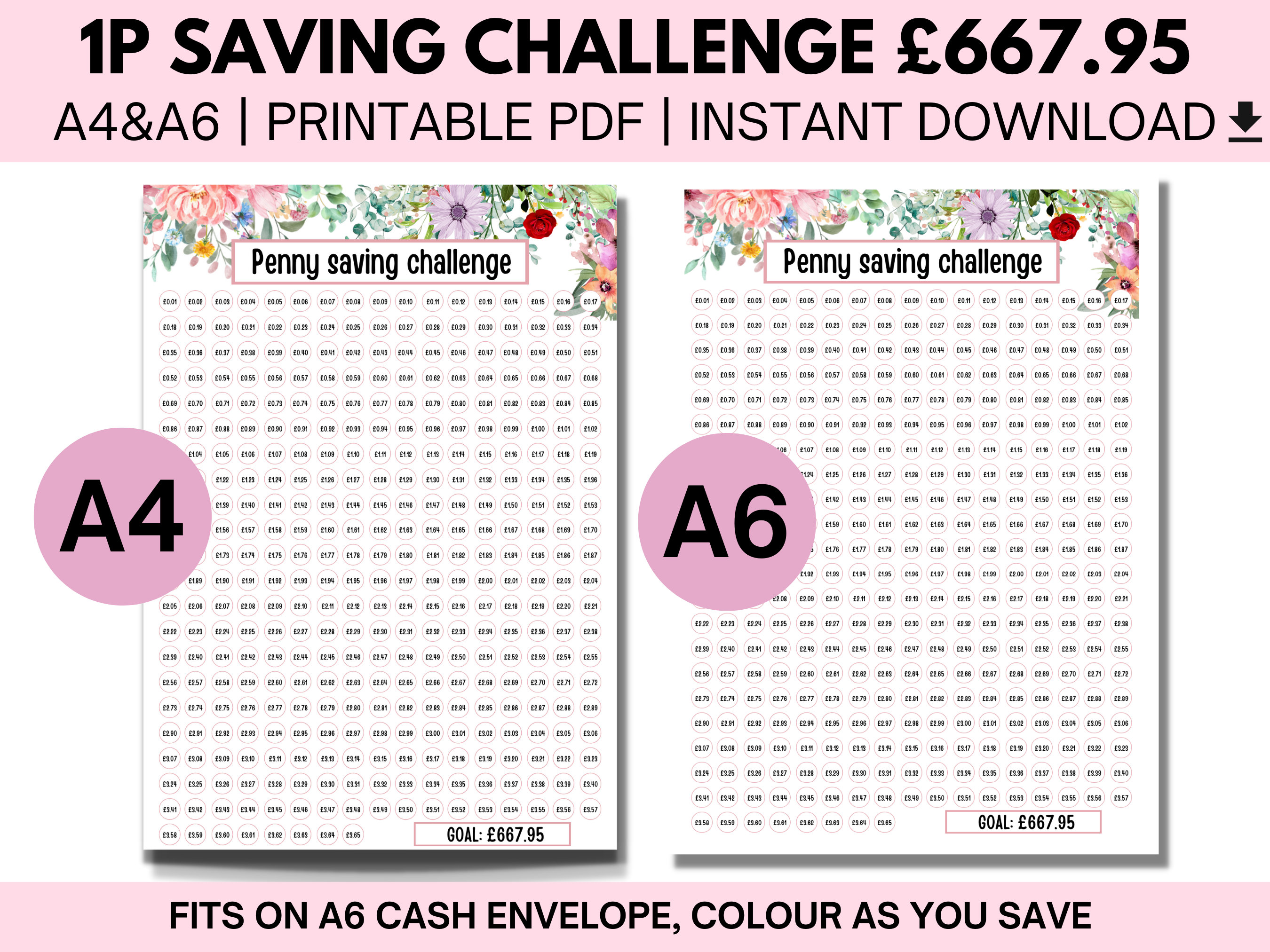 Floral Themed 1P Saving Challenge Sheet, Money Saving Challenge, Dollar ...