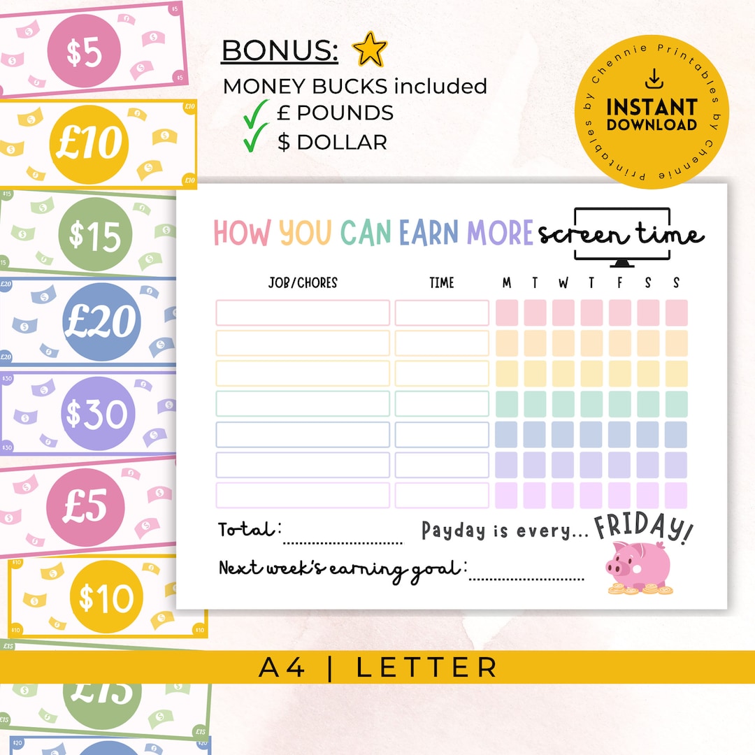 Kids Chore Chart With Pretend Money – Earn Screen Time Checklist ...