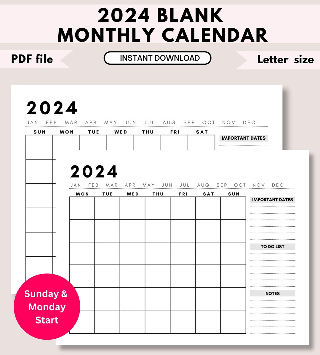 12 Month Calendar |printable Blank Landscape Monthly Calendar| Blank ...