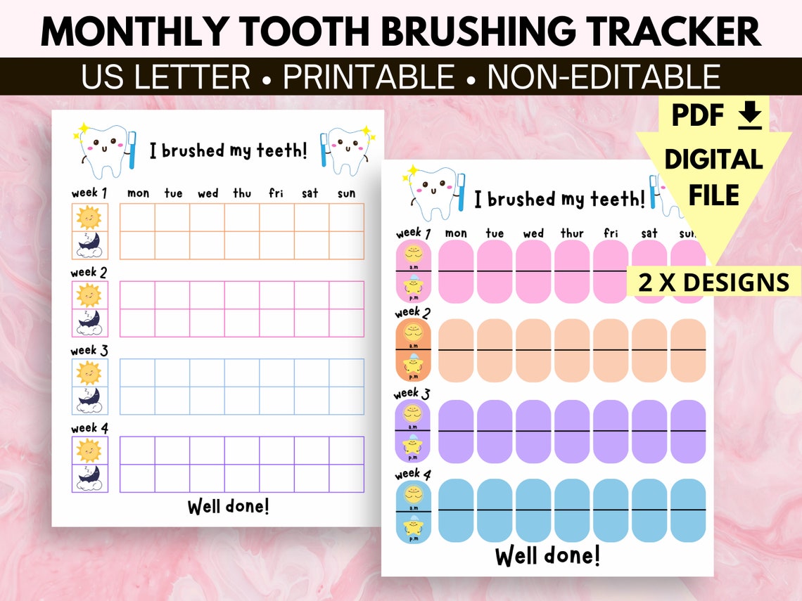Printable Cute Monthly Tooth Brushing Tracker for Kids, I Brushed My ...