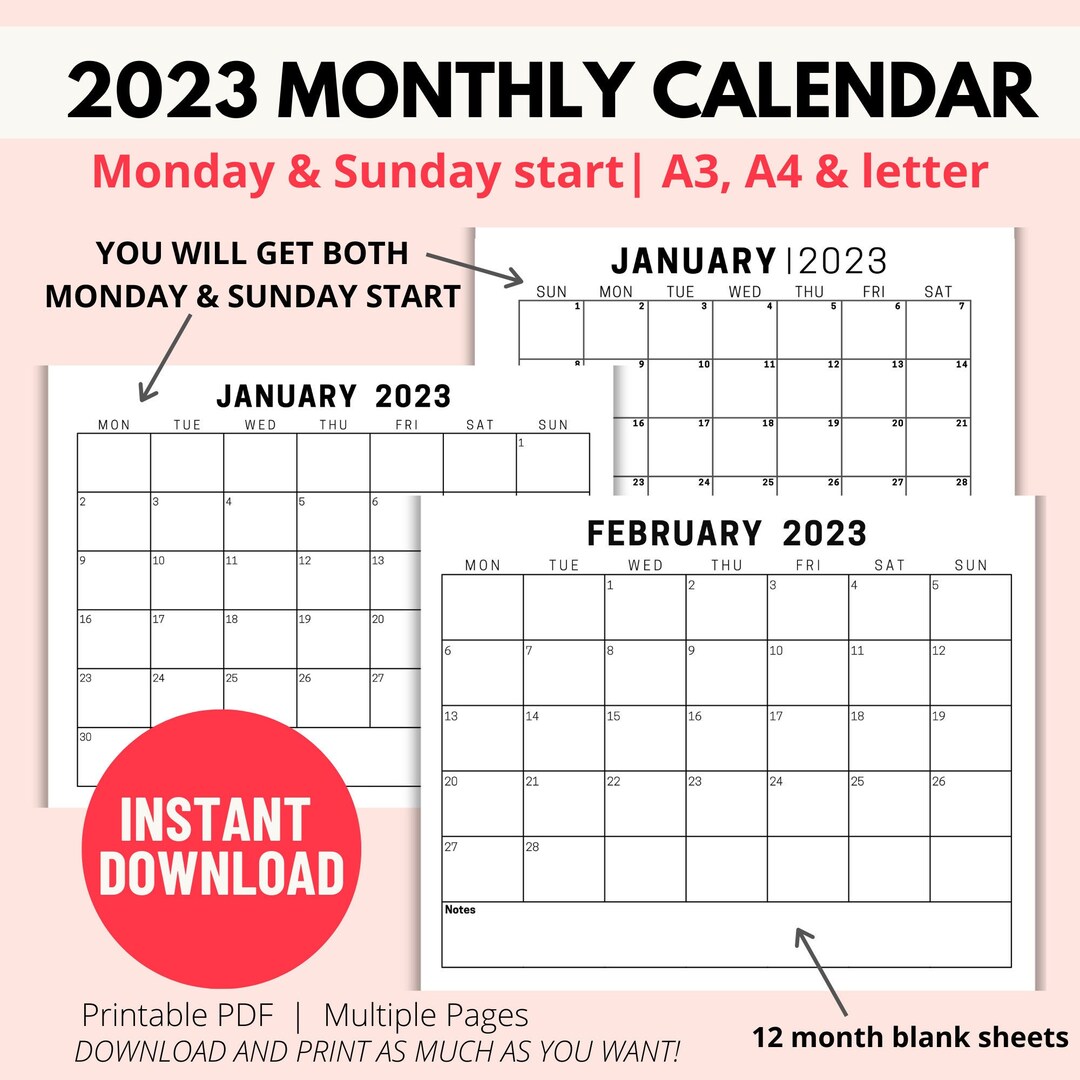 Printable 2023 Monthly Calendar, Minimalist Blank Calendar 2023, 2023 ...