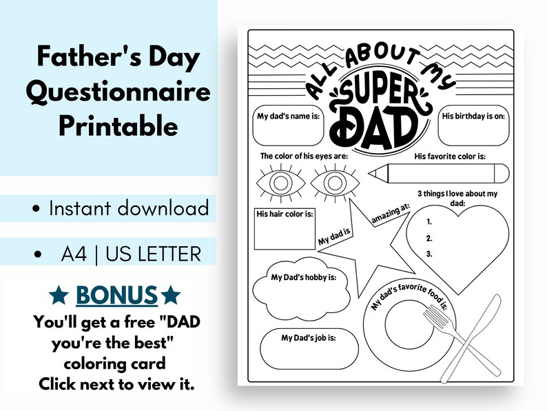 All About My Daddy Printable, Fill in the Blanks, Daddy Questionnaire ...