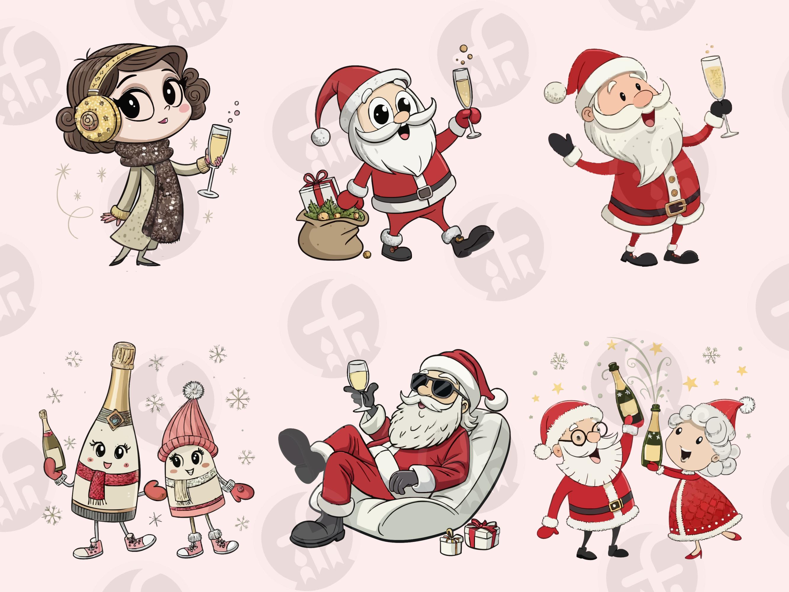 Christmas Champagne Clipart: Santa, Elves, Festive Bottles (SVG, PNG ...