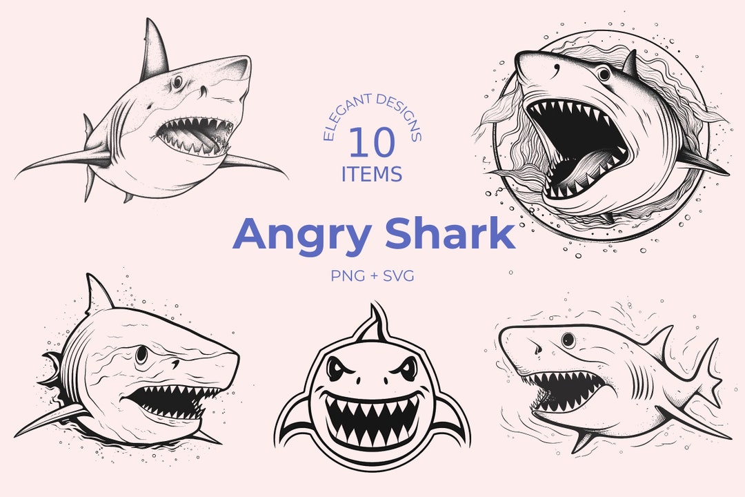 Angry Shark SVG - 10 Line Art Designs - Black and White - Ferocious ...