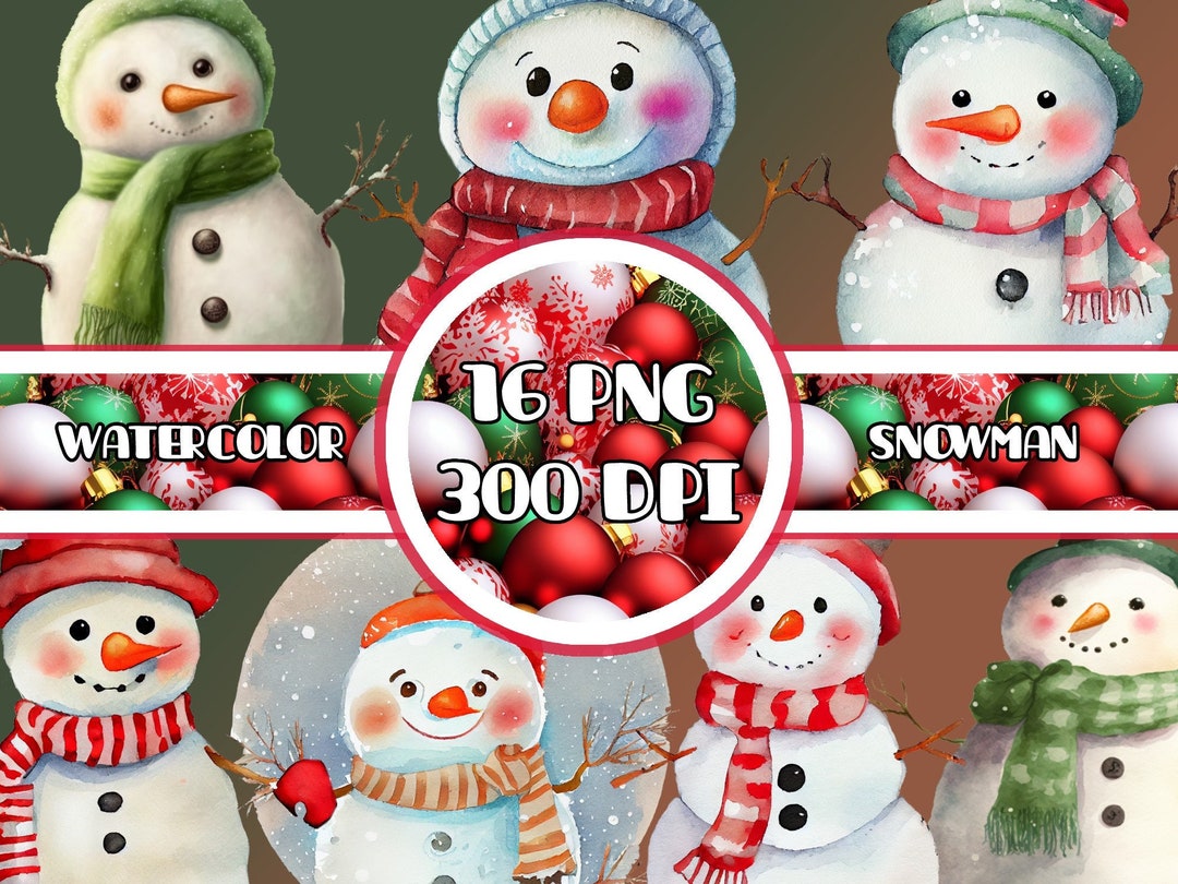 Watercolor Snowman Clipart Bundle - 16 Unique Images - Cute Snowman Png ...