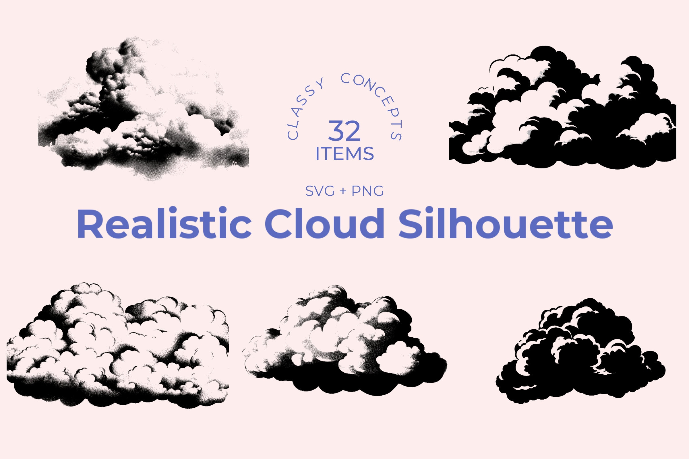 Realistic Cloud Silhouette SVG 32 Cut Files Detailed Sky - Etsy