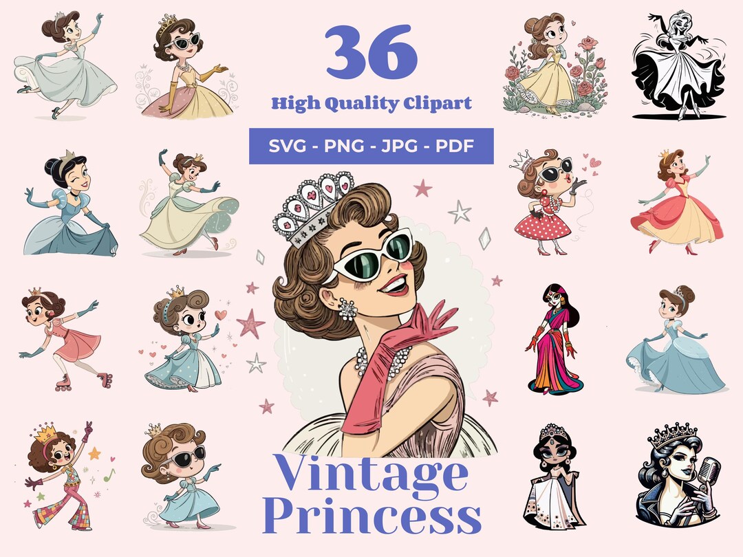 Vintage Princess SVG Bundle - 36 Designs - Retro Princess Clipart ...