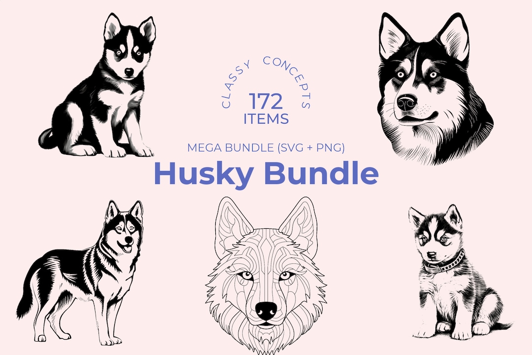 Husky SVG Bundle - 172 Cut Files - Various Black and White Styles ...