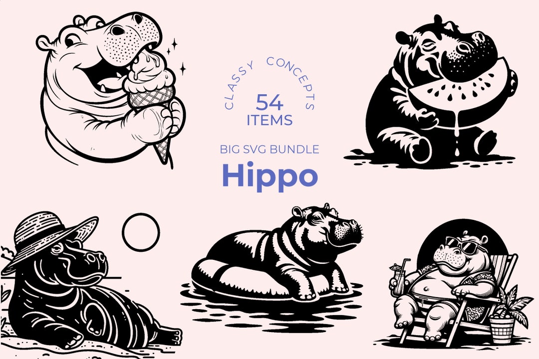 Hippo SVG Bundle 54 Designs Floaty Svg Hippopotamus for Laser Cutting ...
