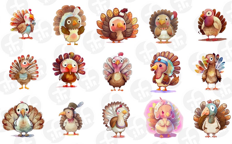 Cute Watercolor Turkeys PNG Pack 15 Unique Images - Etsy