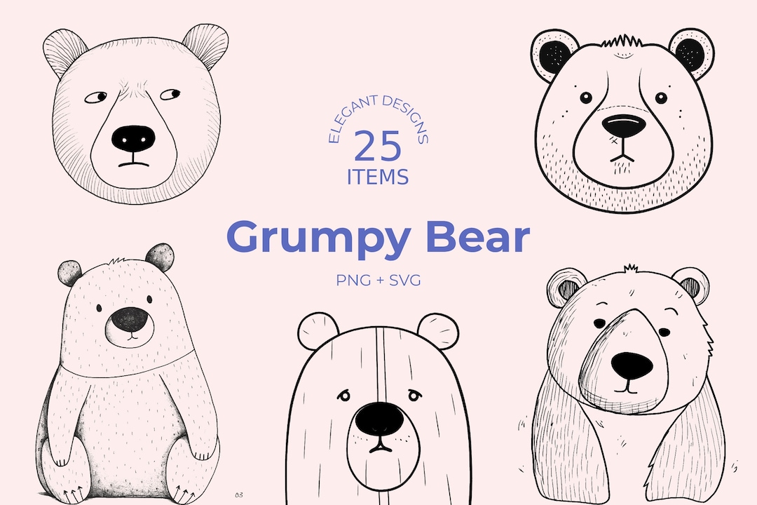 Grumpy Bear SVG - 25 Line Art Designs - Black and White - Frowning Bear Illustration - Instant ...