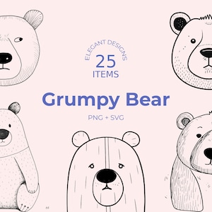 Grumpy Bear SVG - 25 Line Art Designs - Black and White - Frowning Bear ...