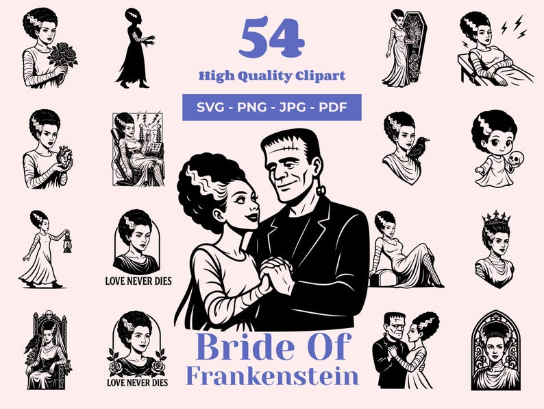 Bride of Frankenstein SVG Bundle: 54 Gothic Horror Designs, Halloween ...