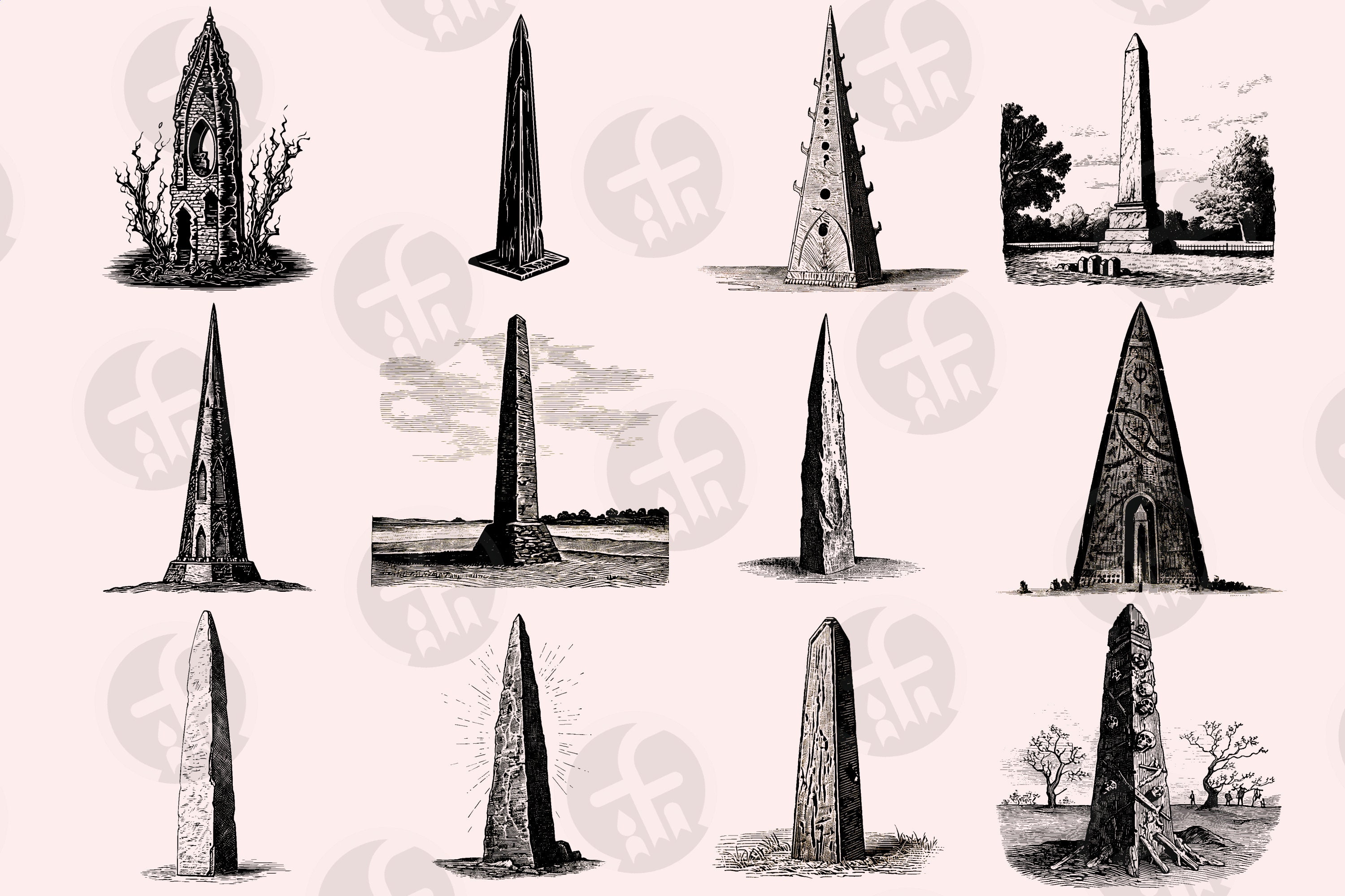 Obelisk SVG Bundle - 36 Vintage Engravings - Cut Files - Timeless ...
