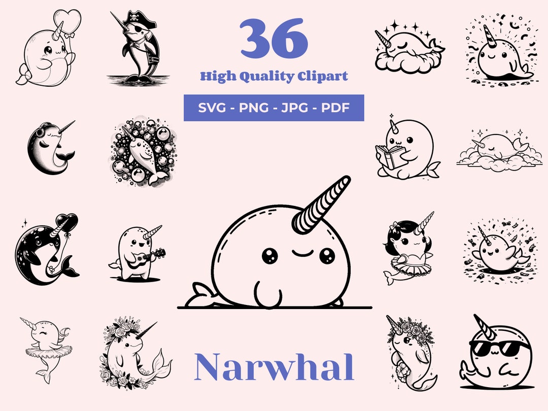 Chibi Narwhal SVG Bundle - 36 Designs - Cute Narwhal Clipart - Kawaii ...