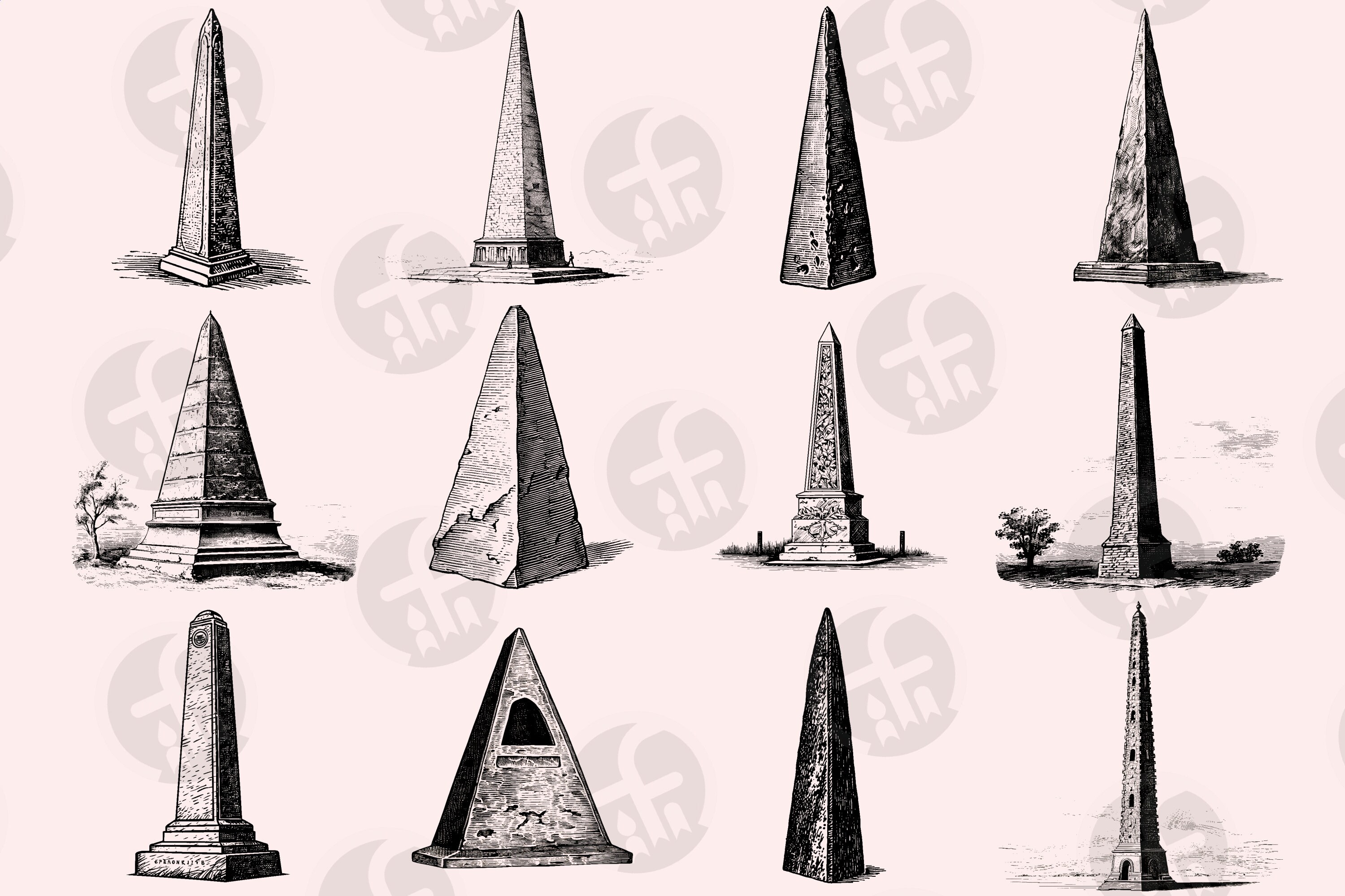 Obelisk SVG Bundle - 36 Vintage Engravings - Cut Files - Timeless ...