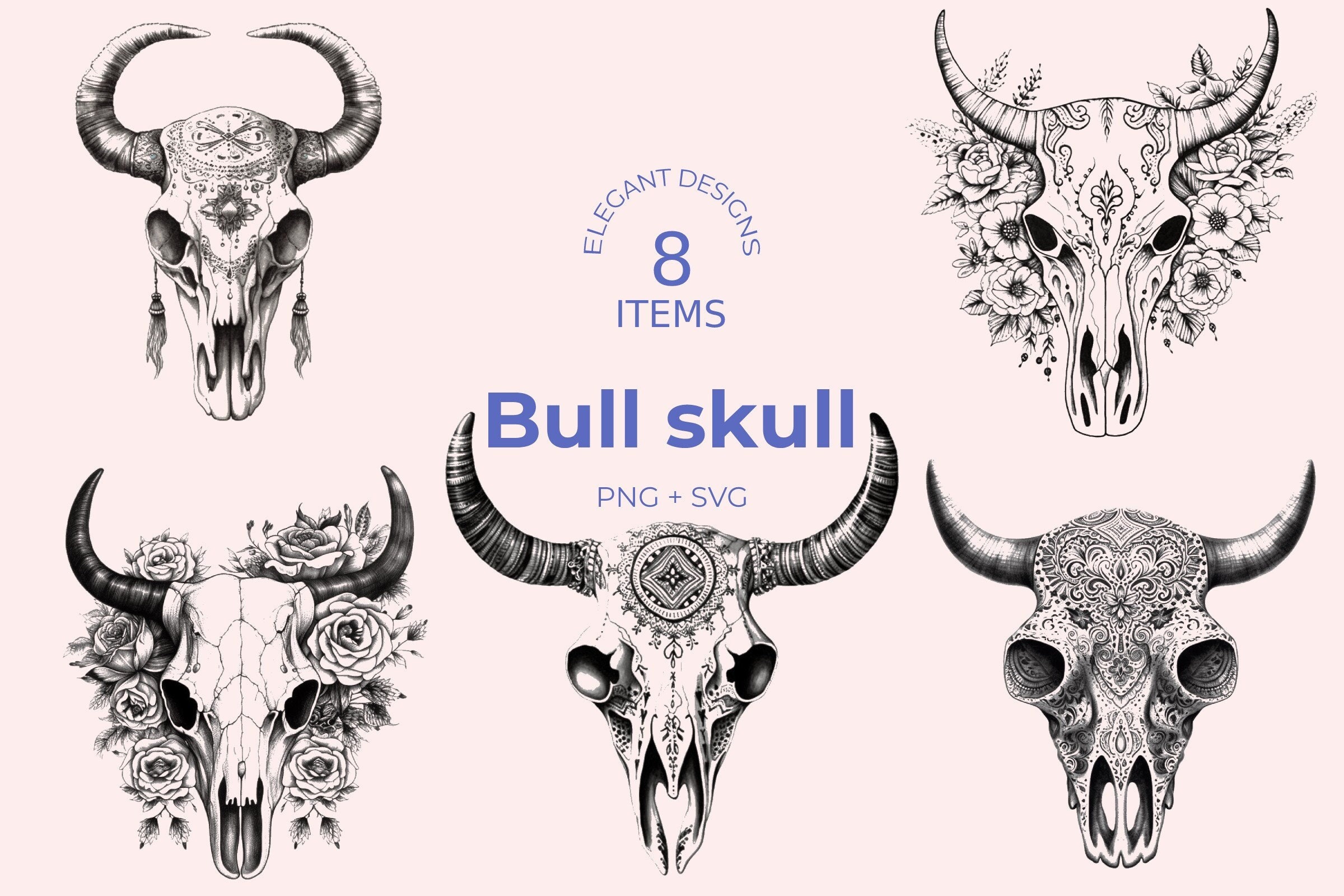 Bull Skull SVG 8 Digital Art File Western Rustic Decor Cowboy Style ...