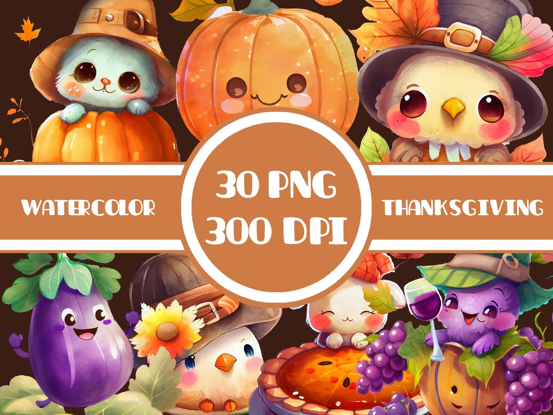 Kawaii Watercolour Thanksgiving Clipart Pack - 30 Unique Images ...