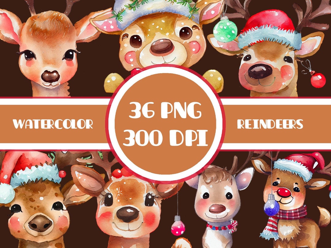 Christmas Watercolor Reindeer PNG Clipart Bundle - 36 Unique Images ...