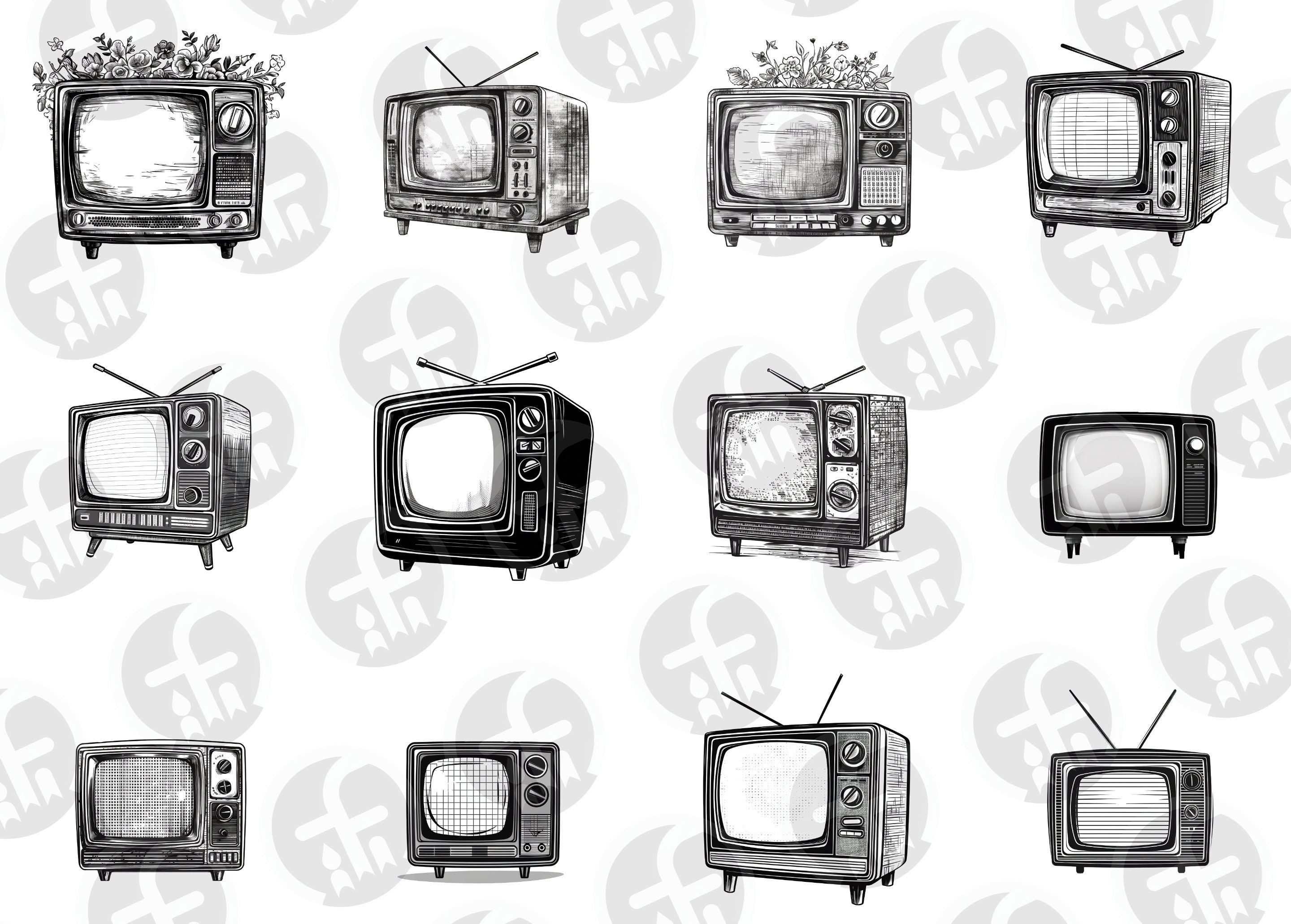 Old Television SVG - 12 Vintage Design, Black and White, Retro TV ...