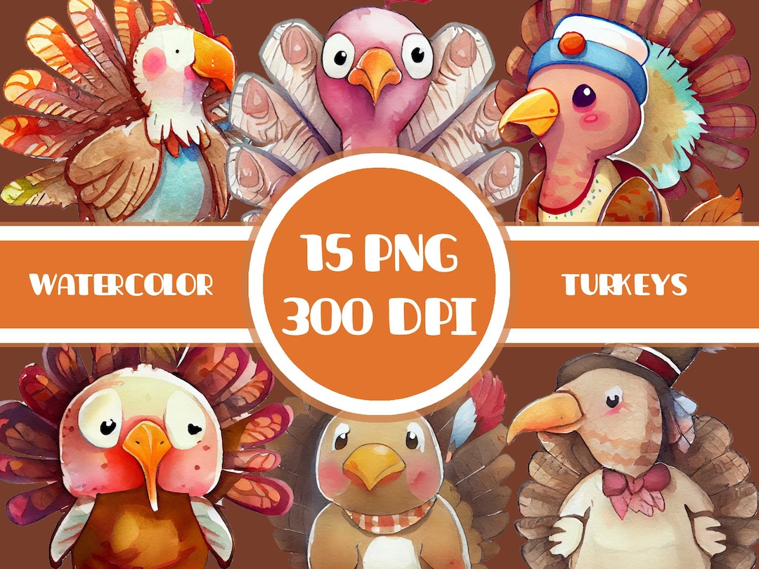 Watercolor Turkey Clipart – 15 Thanksgiving PNG Images (digital ...