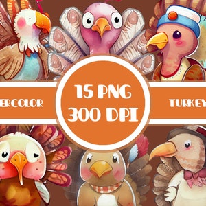 Cute Watercolor Turkeys PNG Pack - 15 Unique Images - Watercolor ...