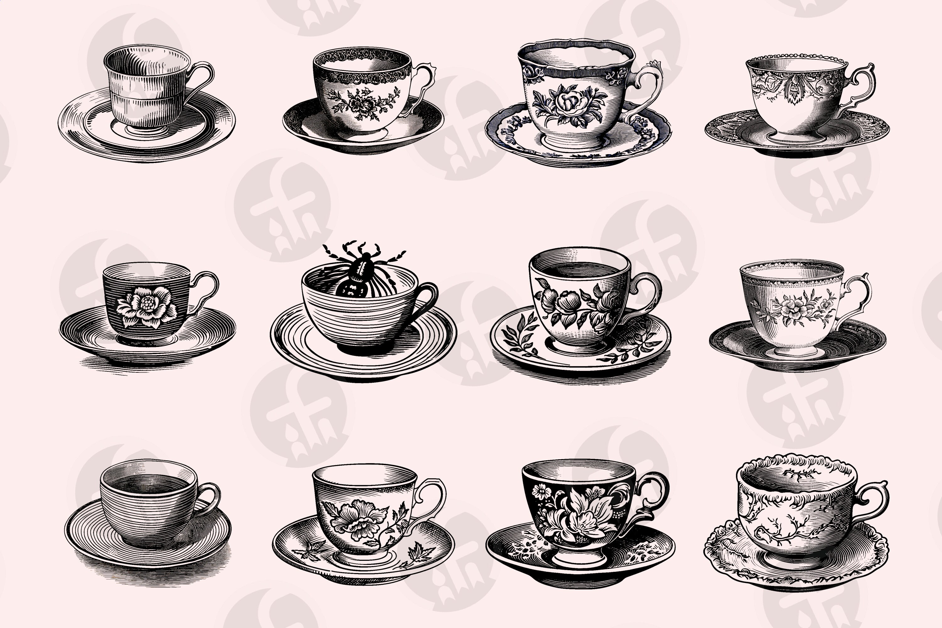 Teacup and Saucer SVG Bundle: 24 Vintage Engravings (digital Download ...