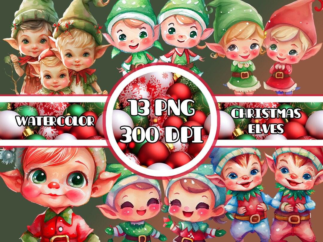 Watercolor Christmas Elf Clipart Bundle: 13 PNG Images (digital ...