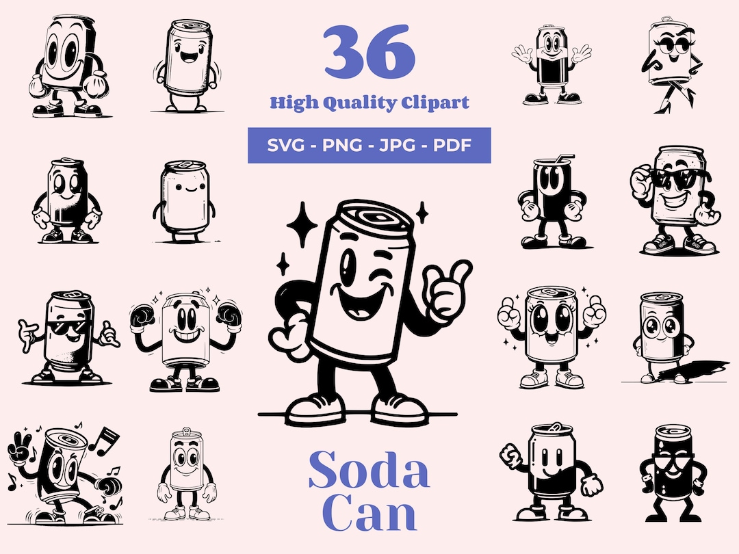 Soda Can SVG Bundle - 36 Designs - Retro Cartoon Characters - Soda ...