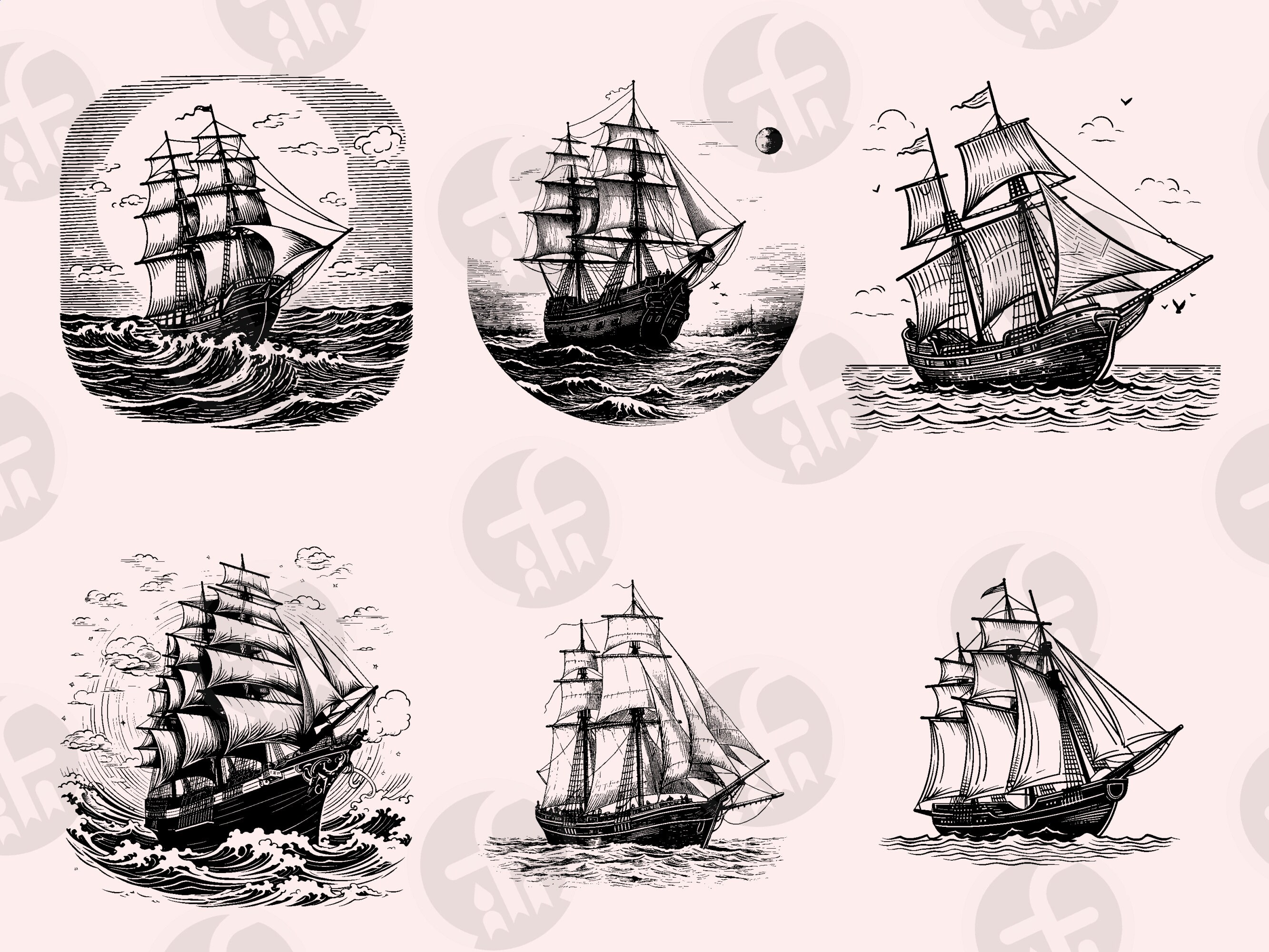 Sailing Ship SVG Bundle: 24 Vintage Nautical Engravings (digital ...