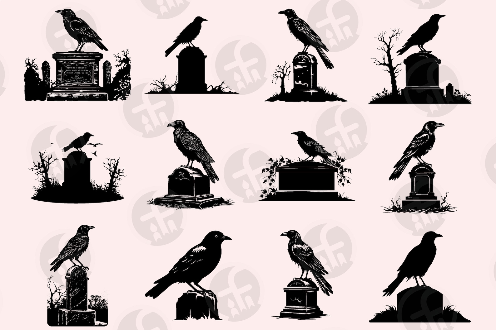 Raven on Tombstone Silhouette SVG Bundle: Gothic Decor (36 Cut Files ...
