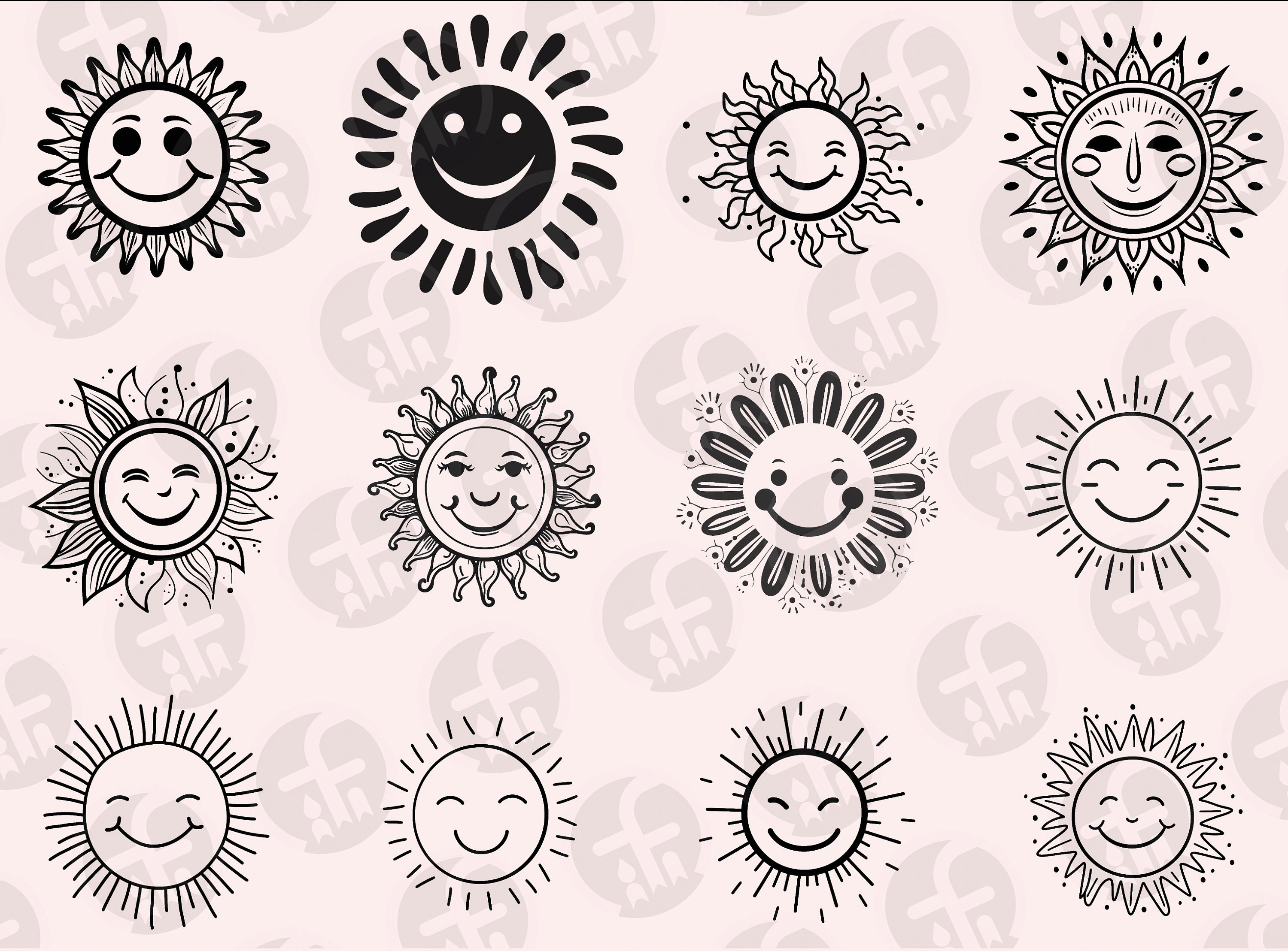 Happy Sun SVG 20 Line Art Designs Black and White - Etsy