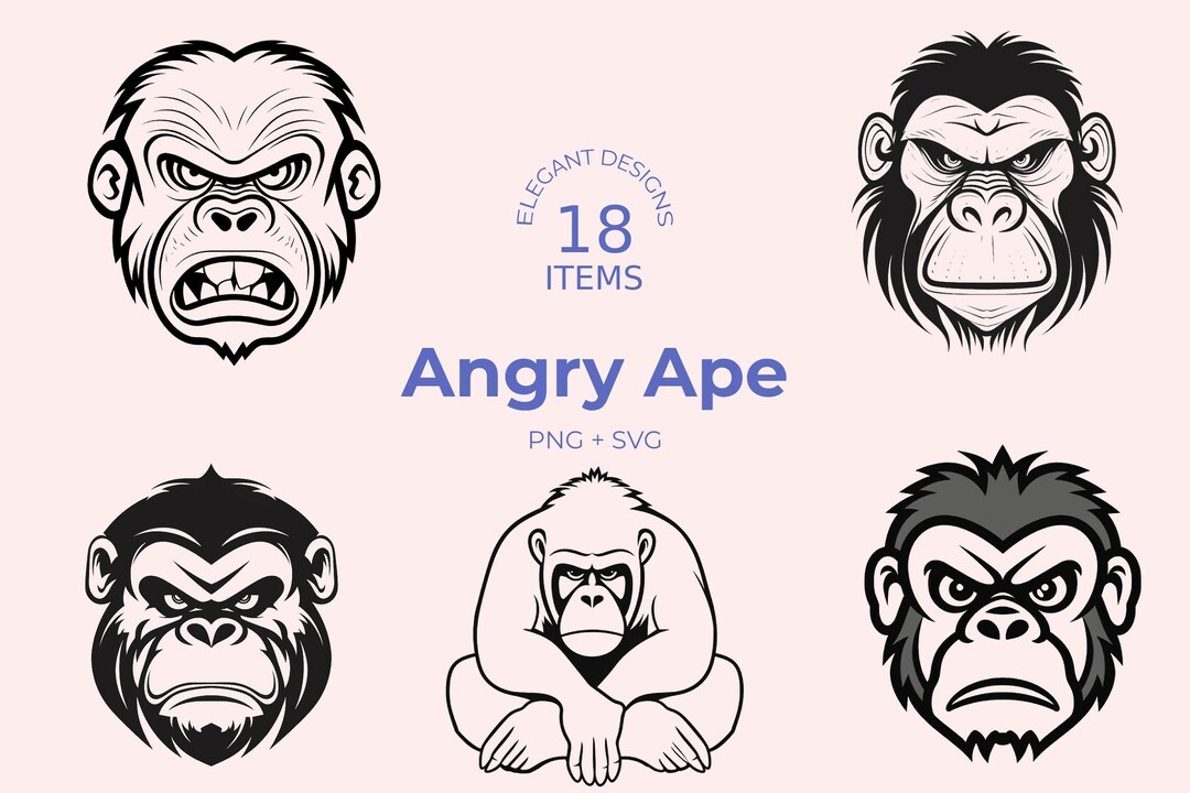 Angry Ape SVG - 18 Line Art Designs - Black and White - Furious Ape ...