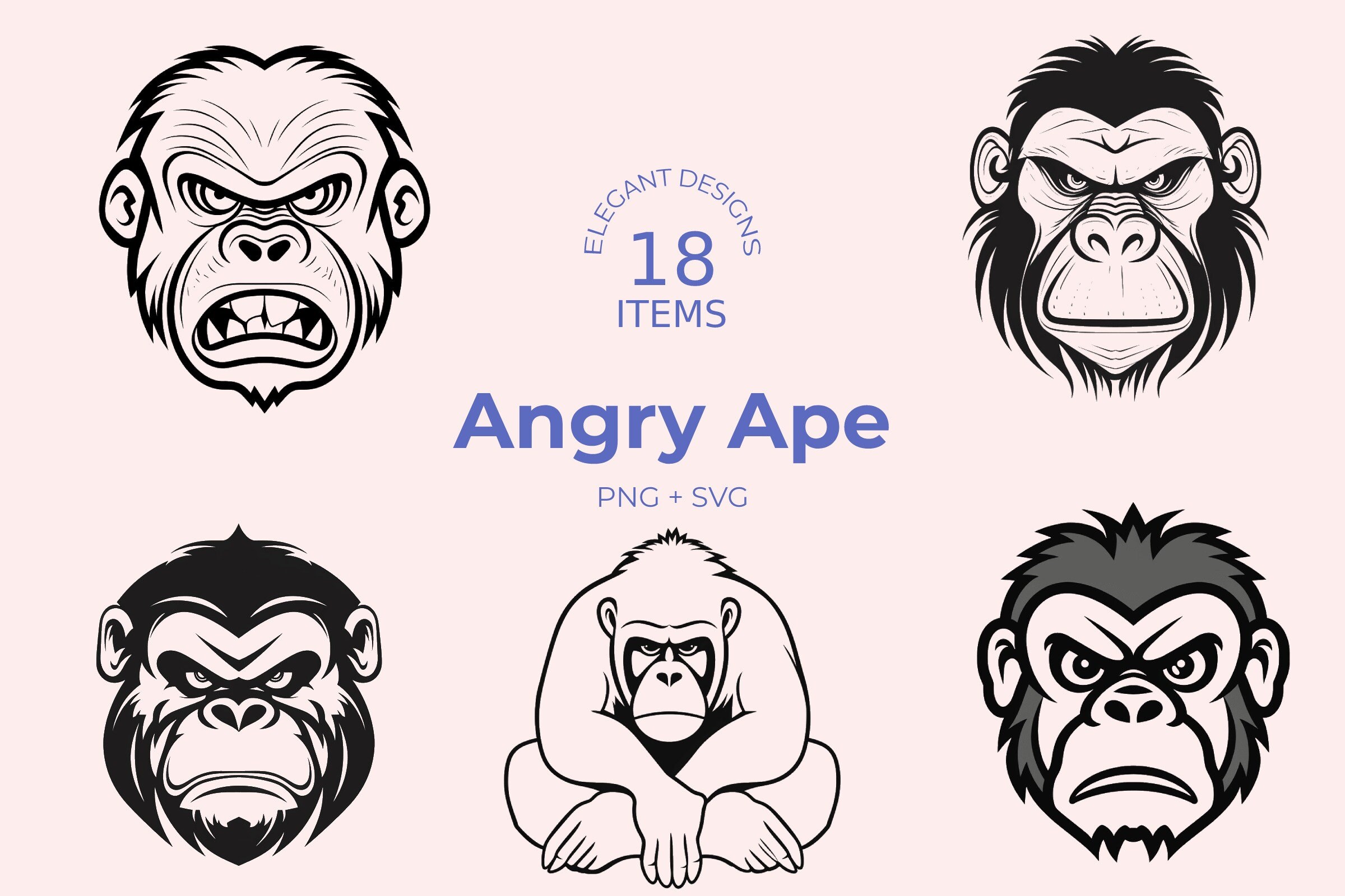 Angry Ape SVG 18 Line Art Designs Black and White - Etsy Canada