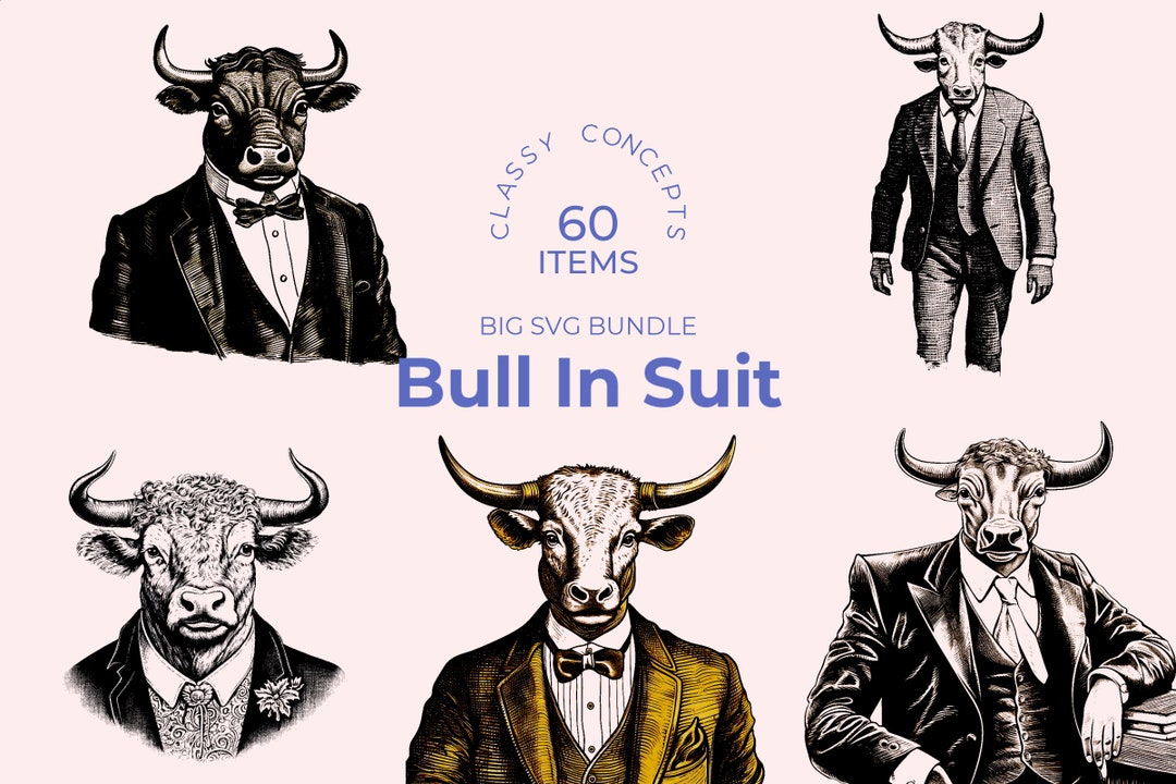 Bull in Suit SVG Bundle 60 Vintage Engravings Cut Files Wall Street ...