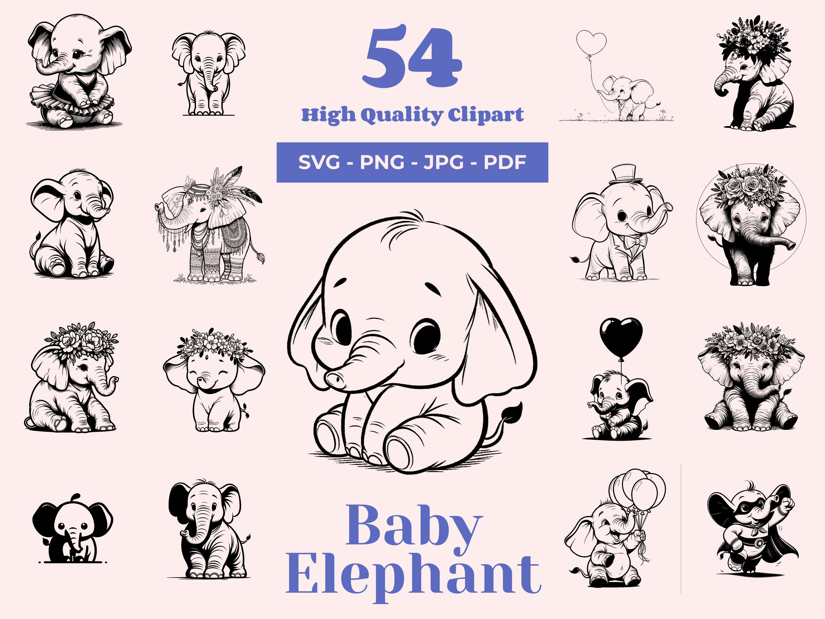 Baby Elephant SVG Clipart Bundle: 54 Nursery Designs (digital Download ...