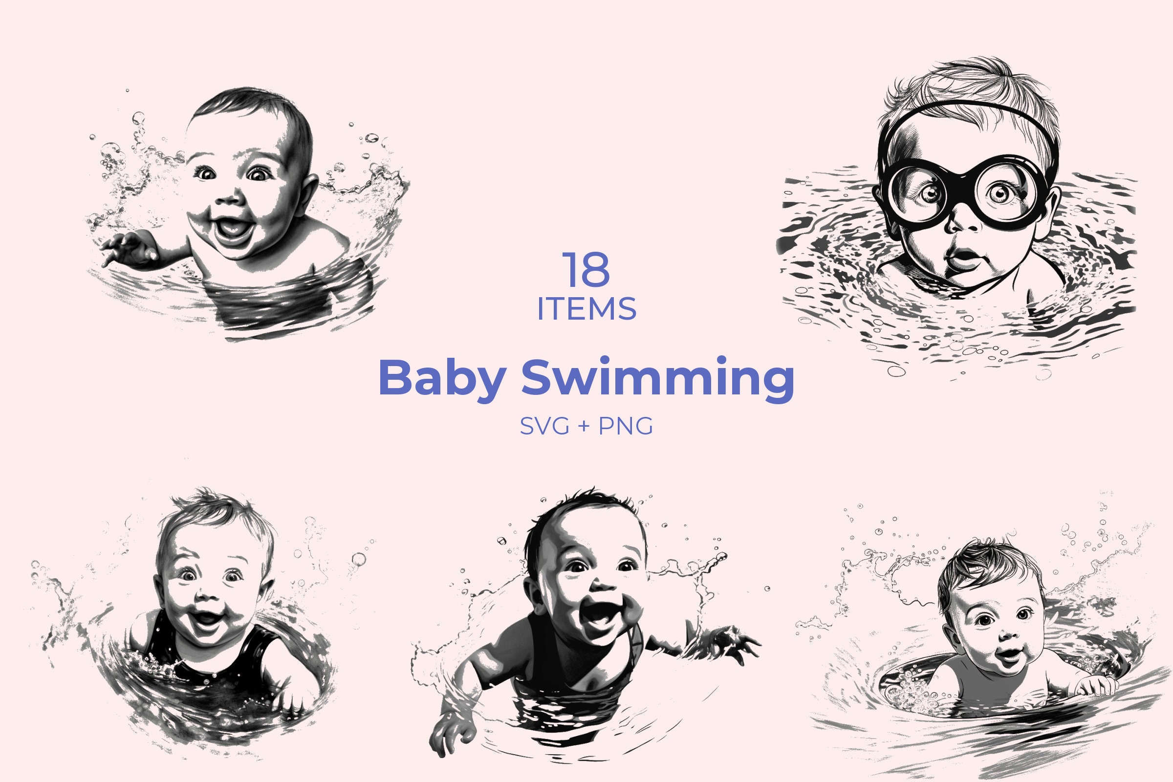 Baby Swimming SVG 18 Adorable Designs Black and White - Etsy