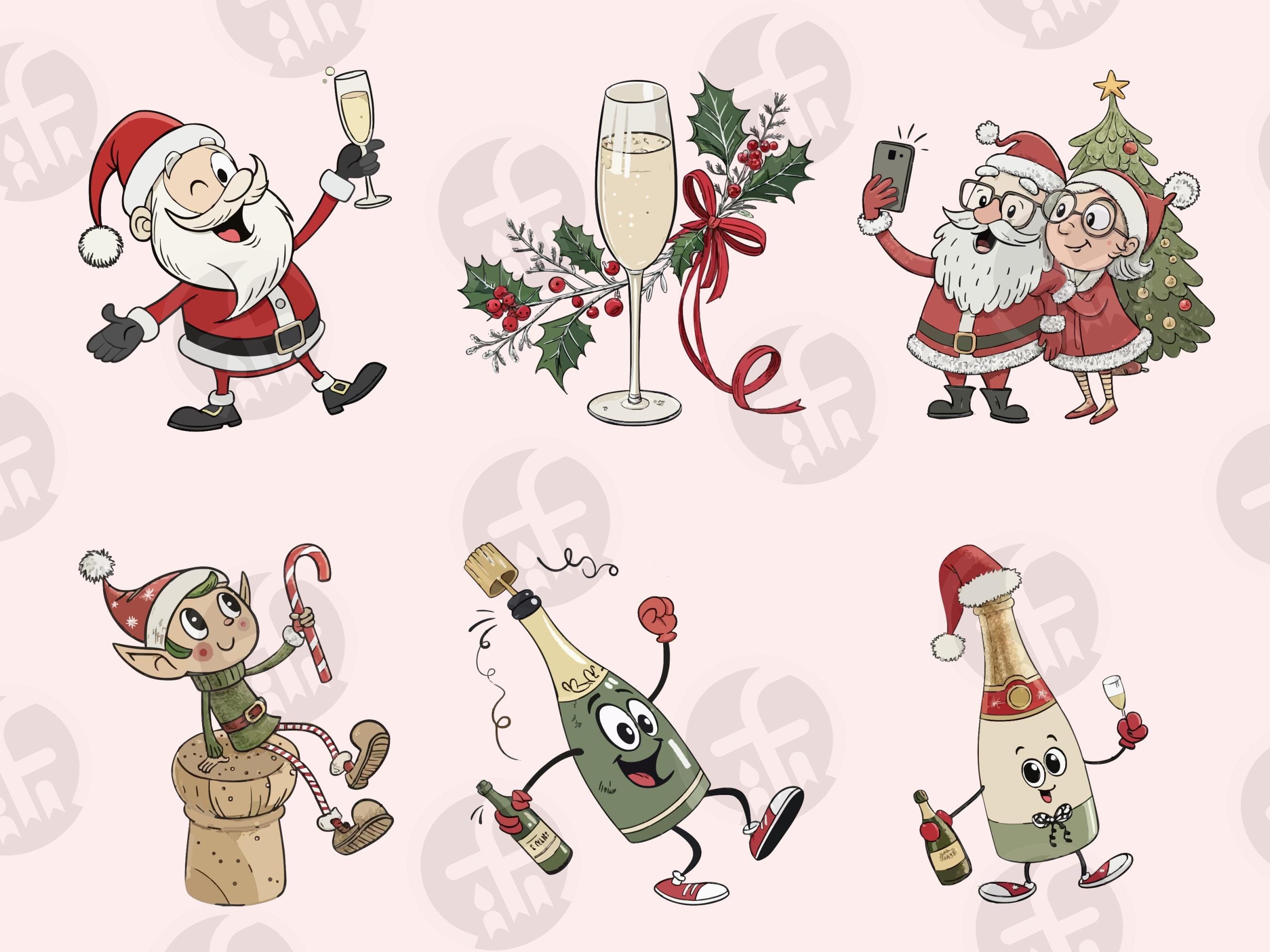Christmas Champagne Clipart: Santa, Elves, Festive Bottles (SVG, PNG ...