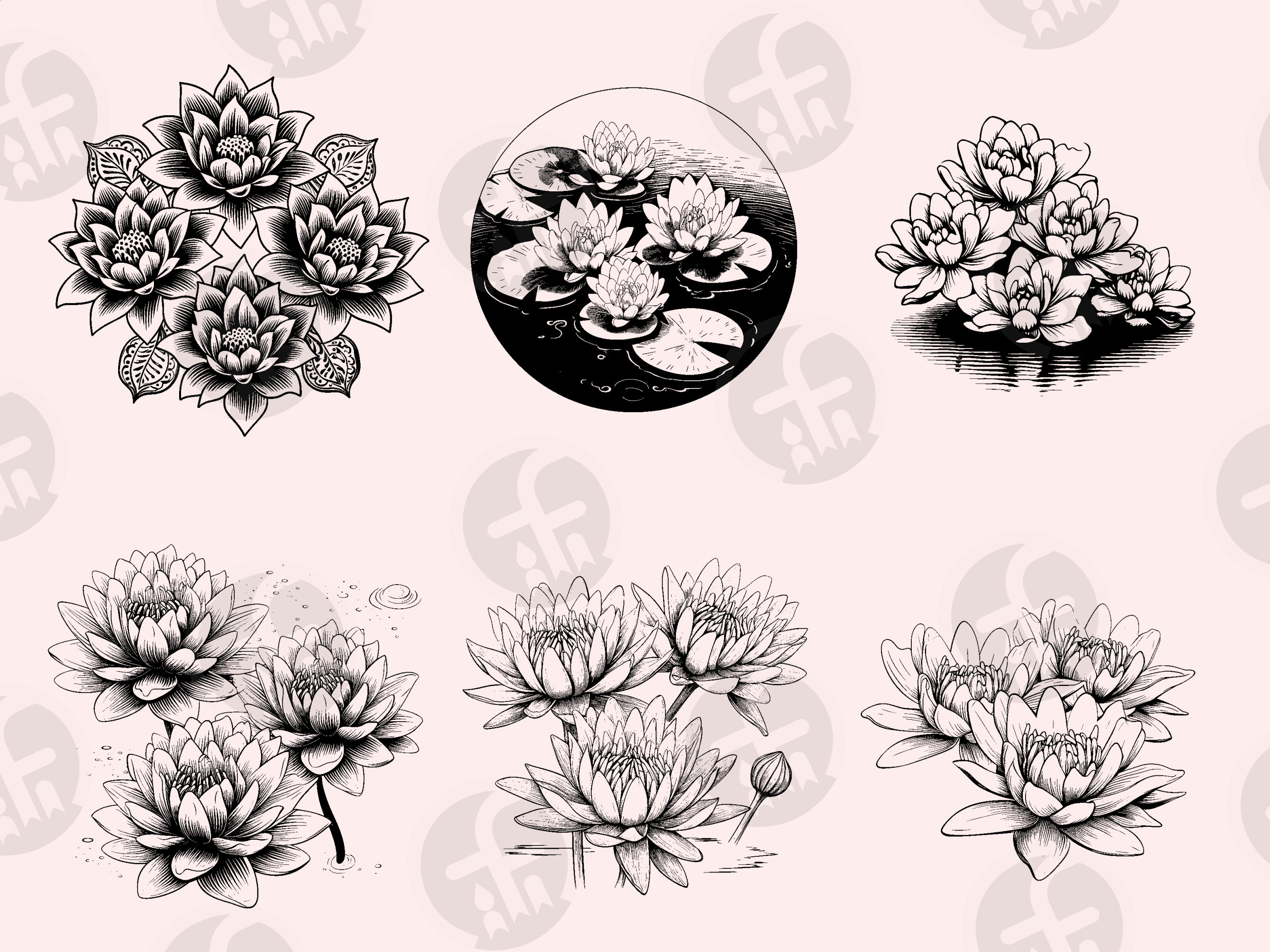 Water Lily SVG Bundle - 36 Vintage Engravings - Cut Files - Aquatic ...