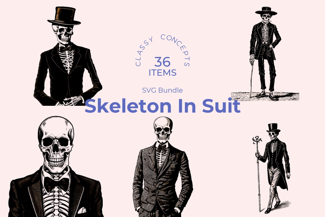 Skeleton in Suit SVG Bundle - 36 Vintage Engraving - Cut Files - Dark ...